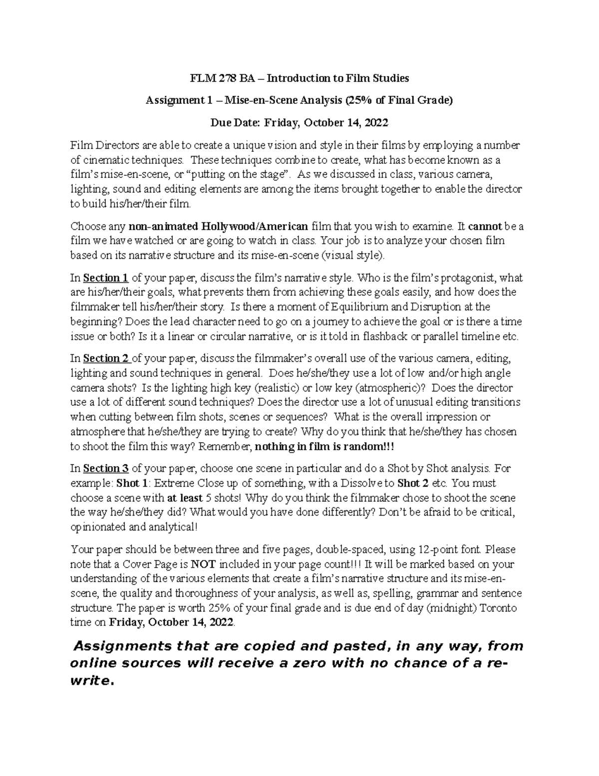 Fall 2022 FLM 278 NBA Assignment 1 - FLM 278 BA – Introduction to Film Studies Assignment 1 ...