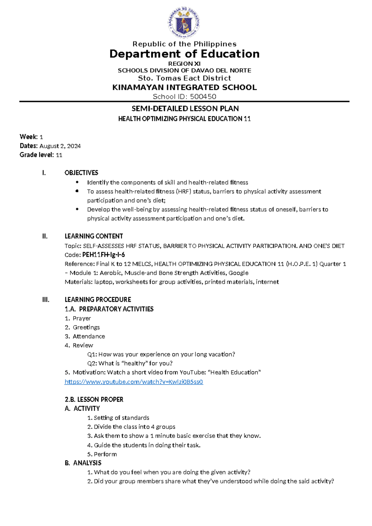 LP HOPE - W1-Q1-24 - lesson plan - Republic of the Philippines ...