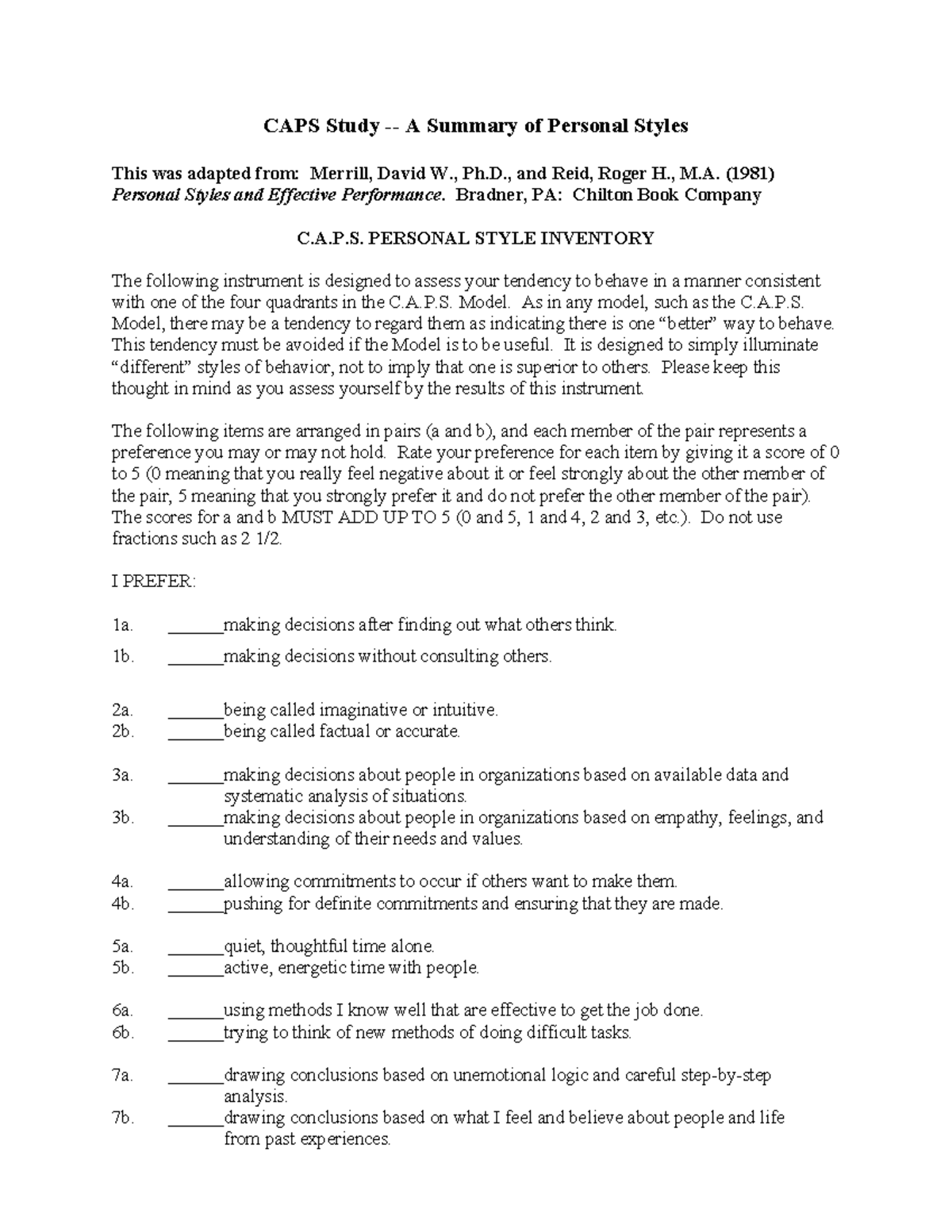 CAPS study - ... - CAPS Study - A Summary of Personal Styles This was ...