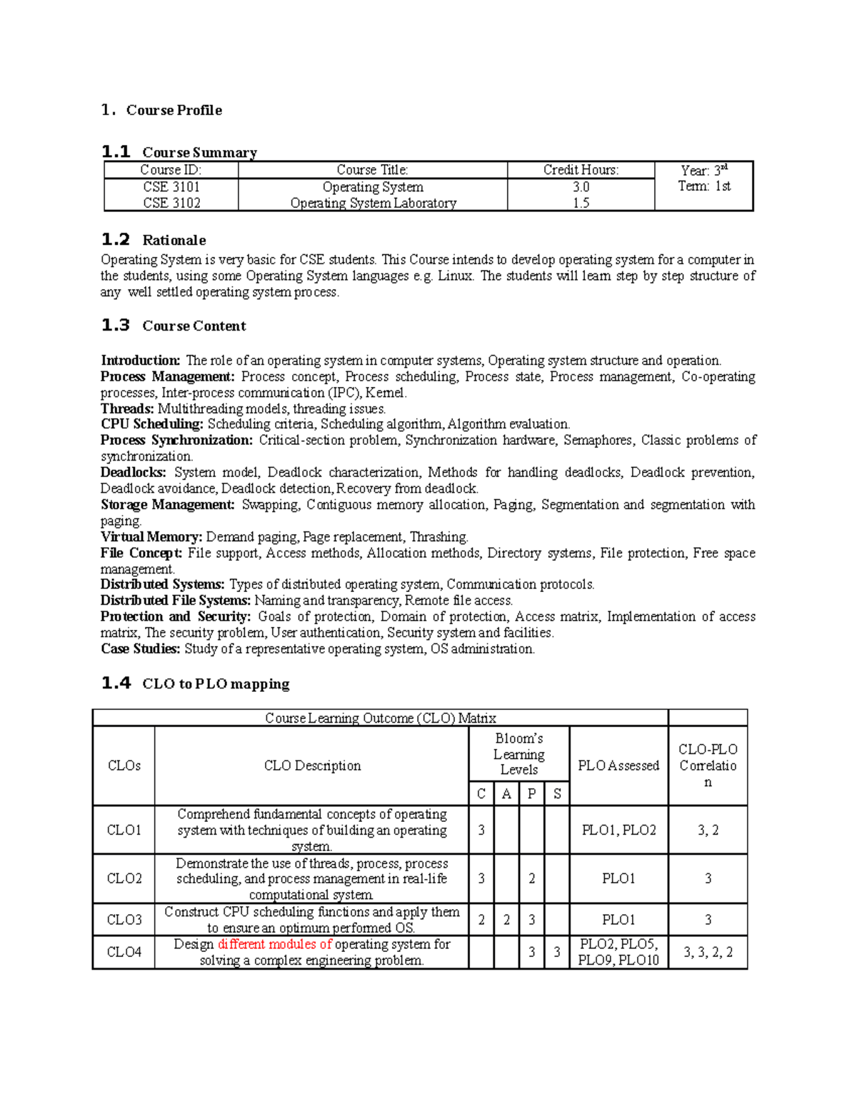 Cse 3101 3102 Summary Operating Systems 1 Course Profile 1 Course Summary Course Id Course