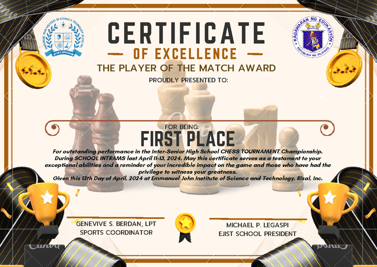 Chess Certificates - CERTIFICATE OF EXCELLENCE For outstanding ...