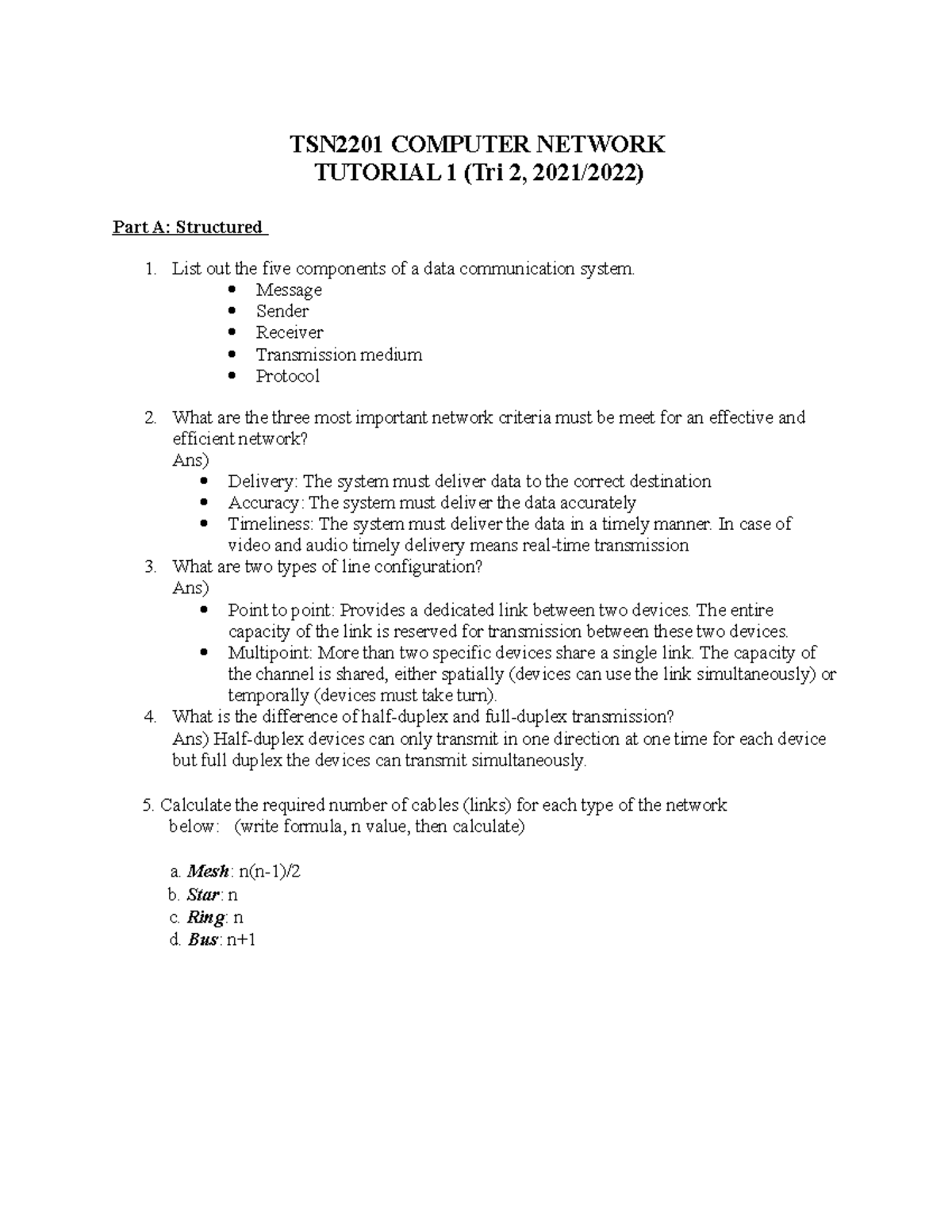 TSN2201 Tutorial 01 T2120 Solution for tutorial 1 - TSN2201 COMPUTER NETWORK TUTORIAL 1 (Tri 2 ...