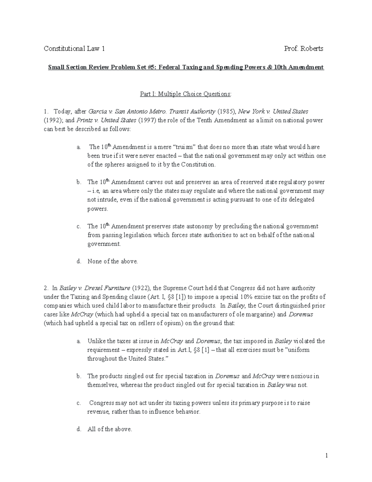 Problem Set #5 -Con Law-Roberts - Constitutional Law 1 Prof. Roberts ...