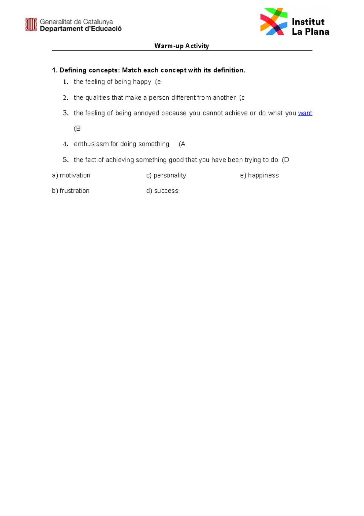 Warm Up Activities Definitions And Listening Warm up Activity 1