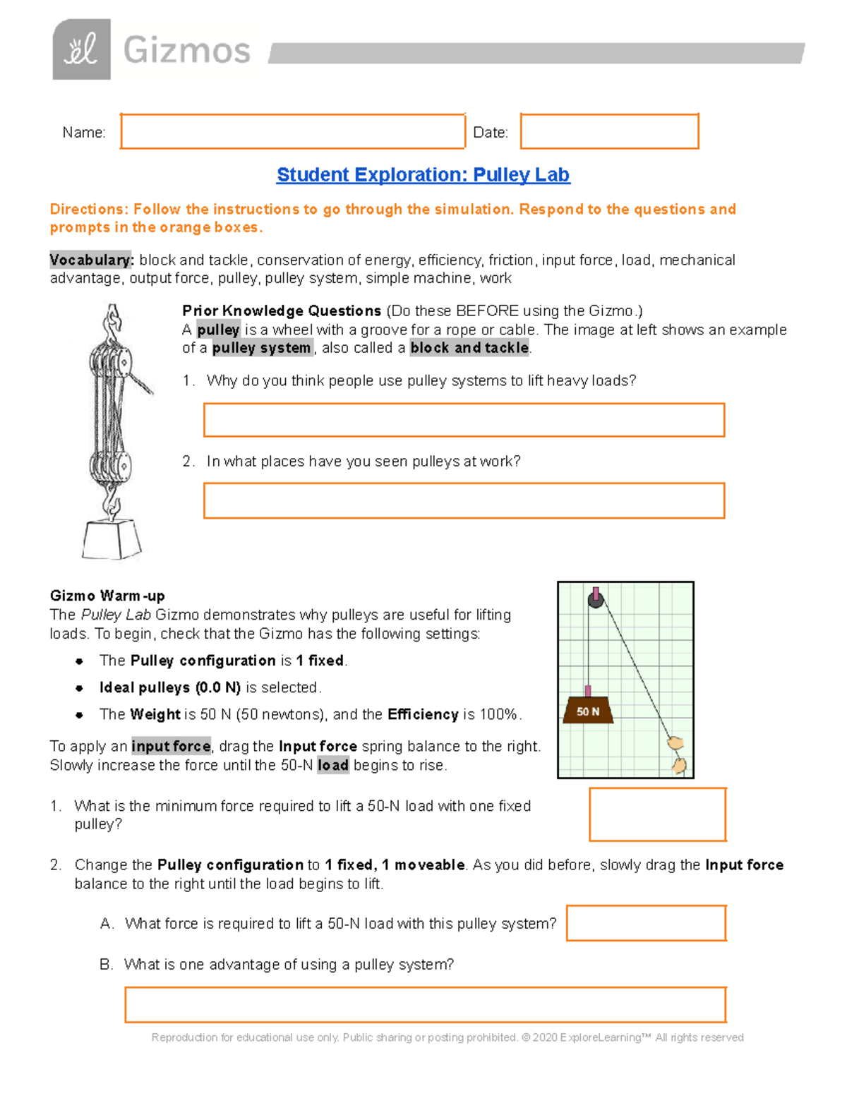 Pulley Lab SE 11 grade - Name: Date: Student Exploration: Pulley Lab ...