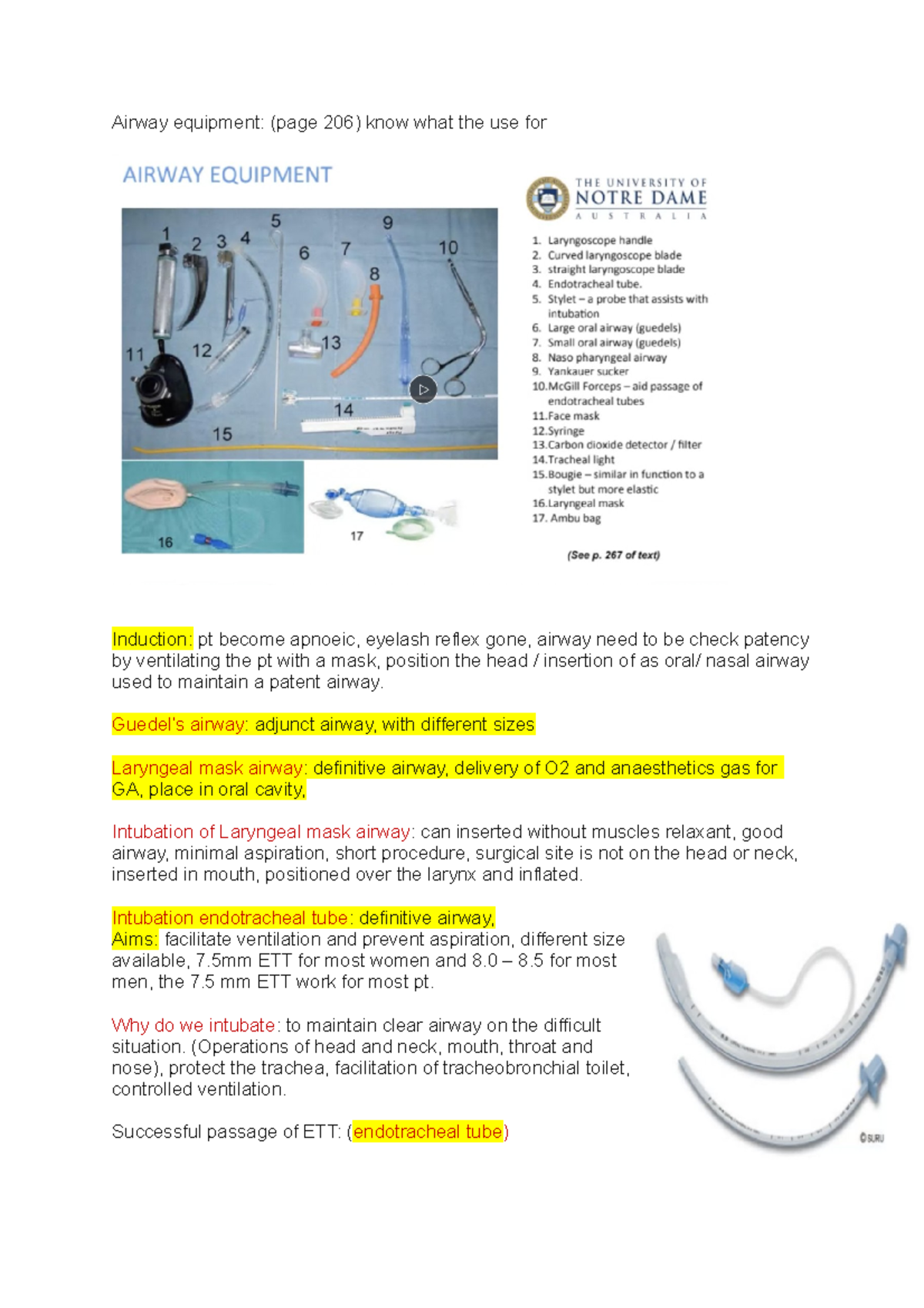 Week 3 part 2 - part 2 of week 3 - Airway equipment: (page 206) know ...