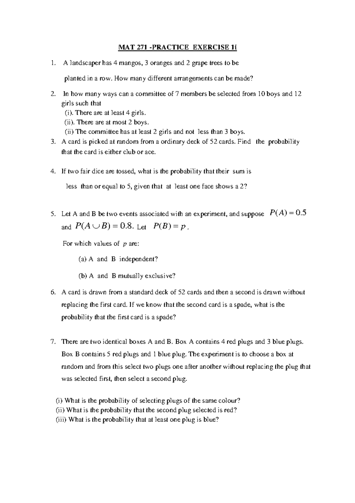 MAT 271 Practice Exercise 1 - MAT 271 -PRACTICE EXERCISE 1i A ...