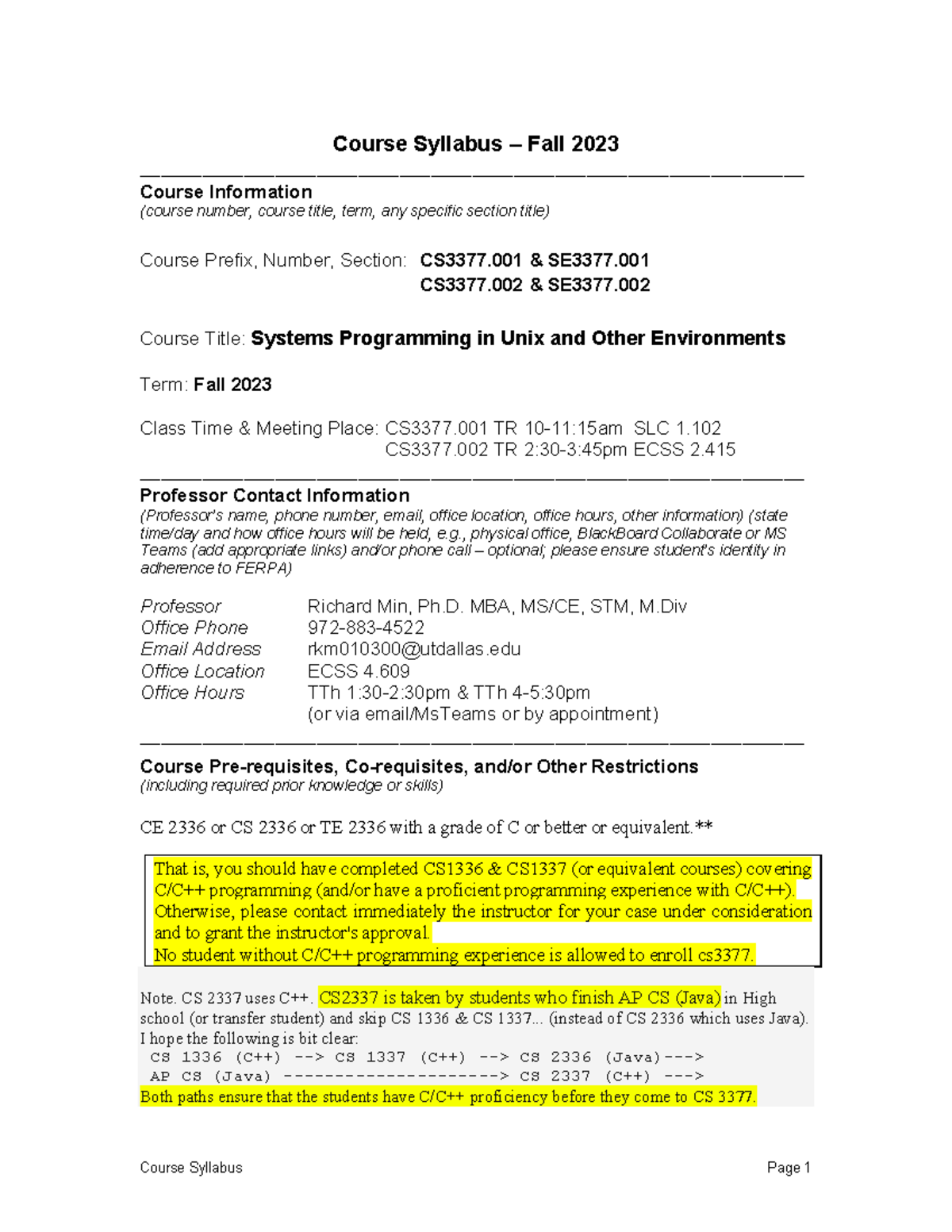 Cs3377.001 002 Fall 2023 Dr. Min rev0 - Course Syllabus – Fall 2023 ...