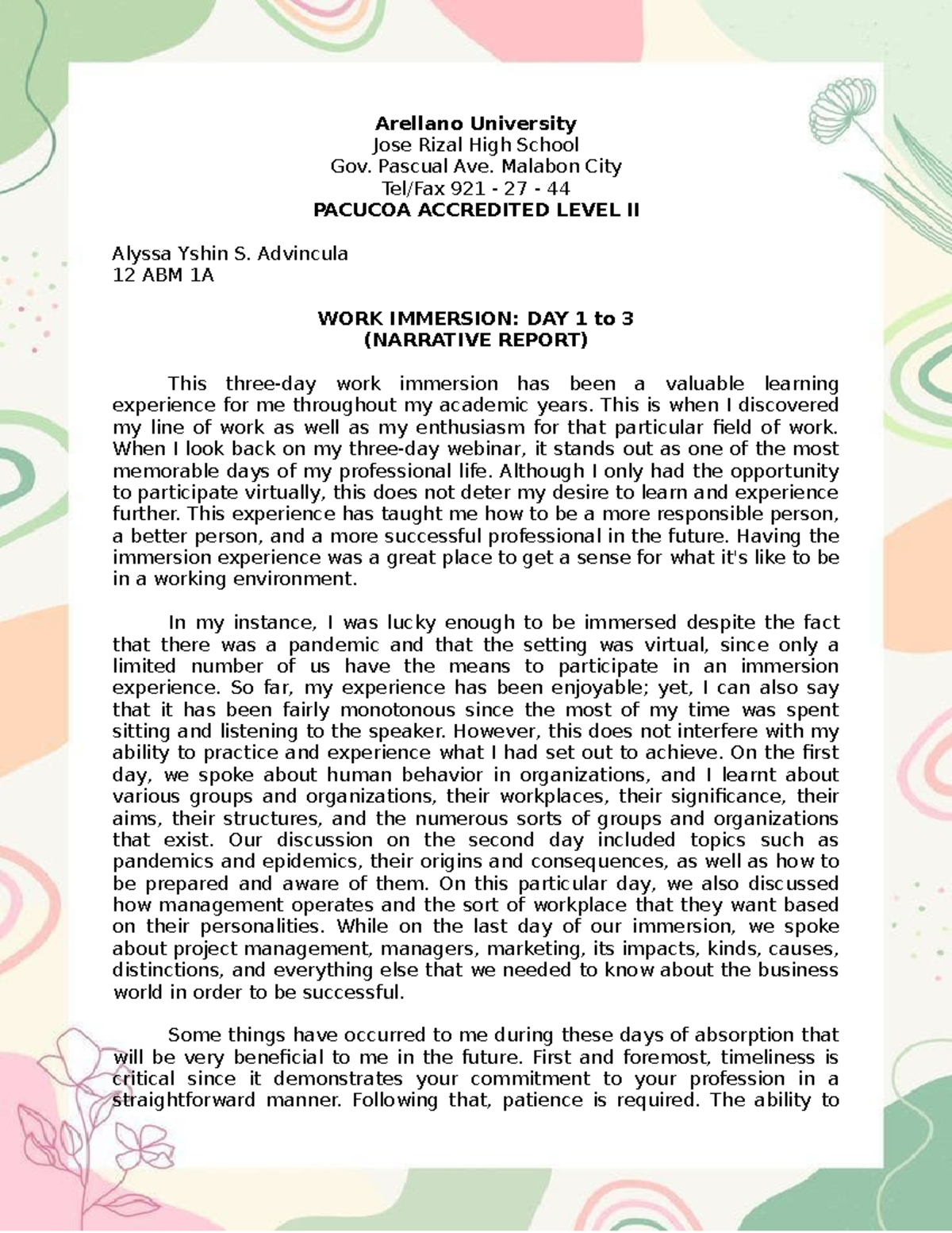 - Narative Report - WORK Immersion - Arellano University Jose Rizal ...