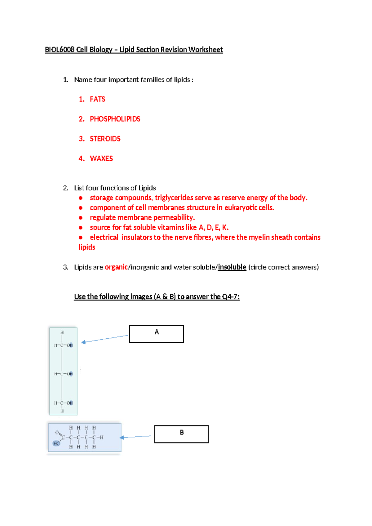 BIOL6008 Cell Biology Lipids revision worksheet - Answers - BIOL6008 ...