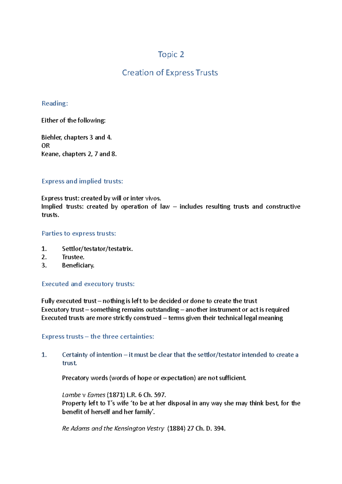 Topic 2 - Creation of Trusts(1) - Topic 2 Creation of Express Trusts Reading: Either of the ...
