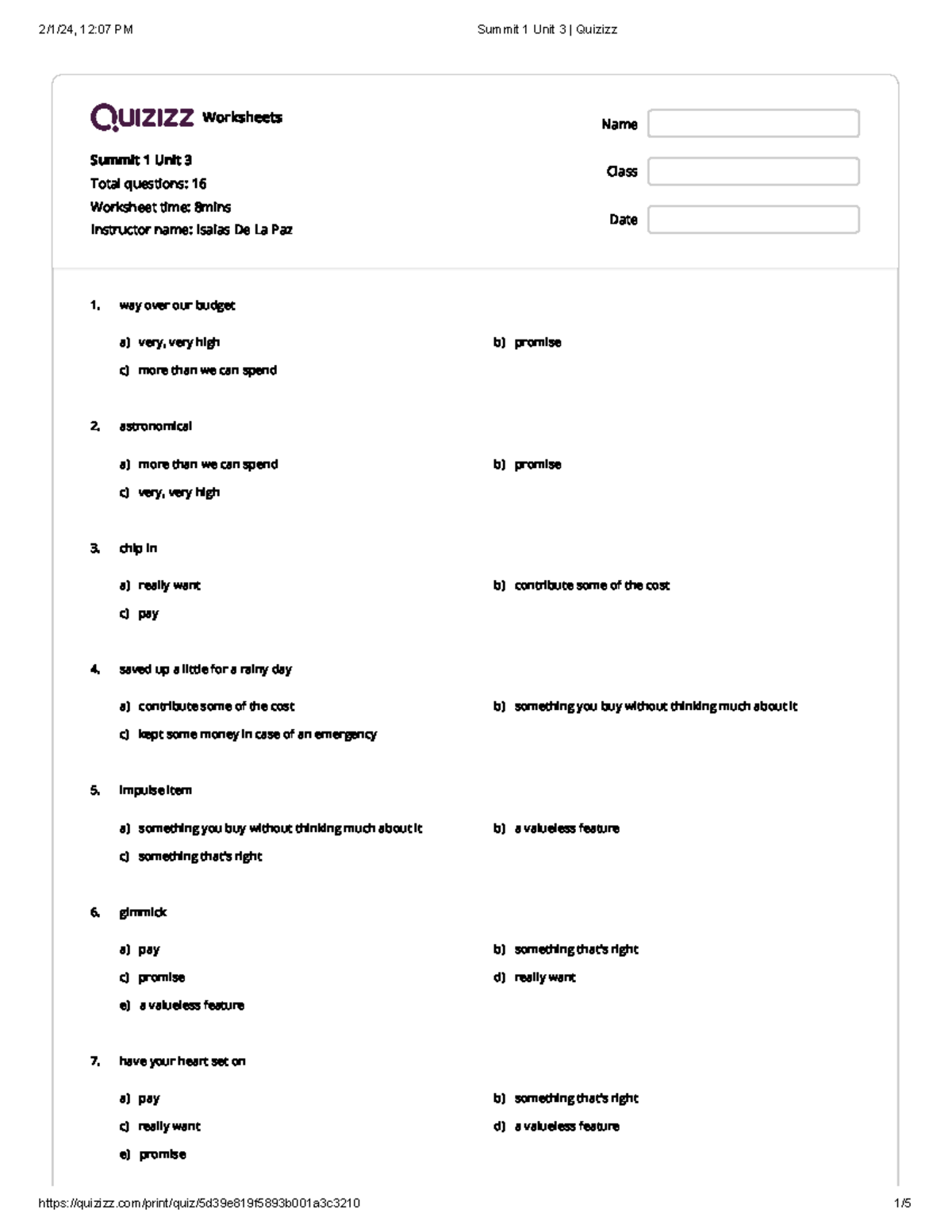 Unit 3 - economics and lecture - Worksheets Summit 1 Unit 3 Total ...