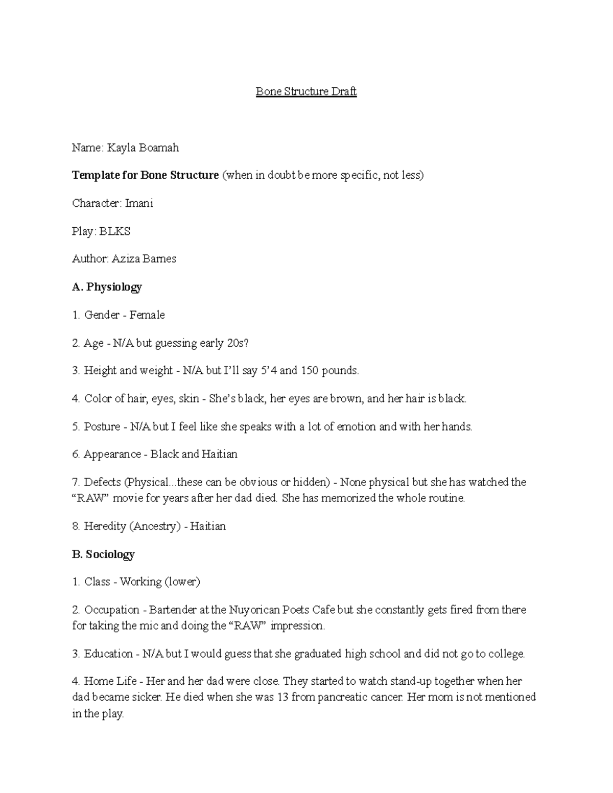 Draft of Bone Structure - Kayla Boamah - Bone Structure Draft Name ...