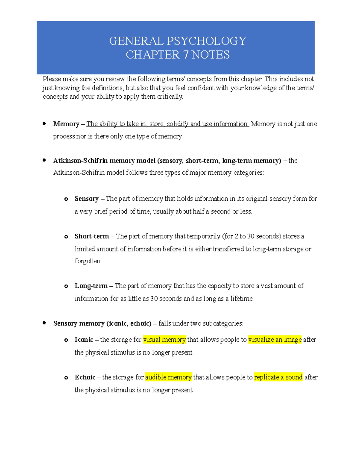 Chapter 7 Notes - Shawn Fox, Psychology perspectives and connections ...