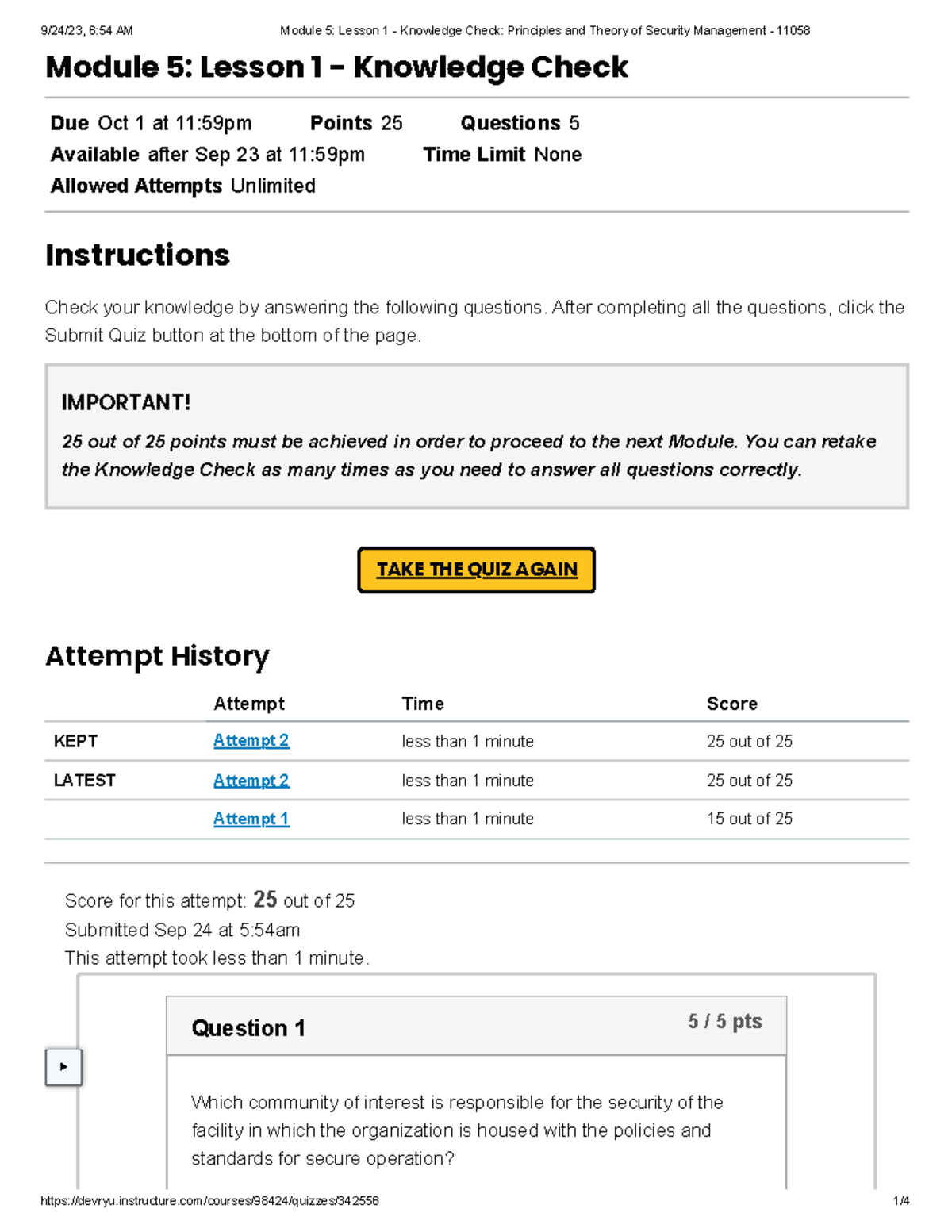 Module 5 Lesson 1 - Knowledge Check Principles and Theory of Security Management - 25 25 ...