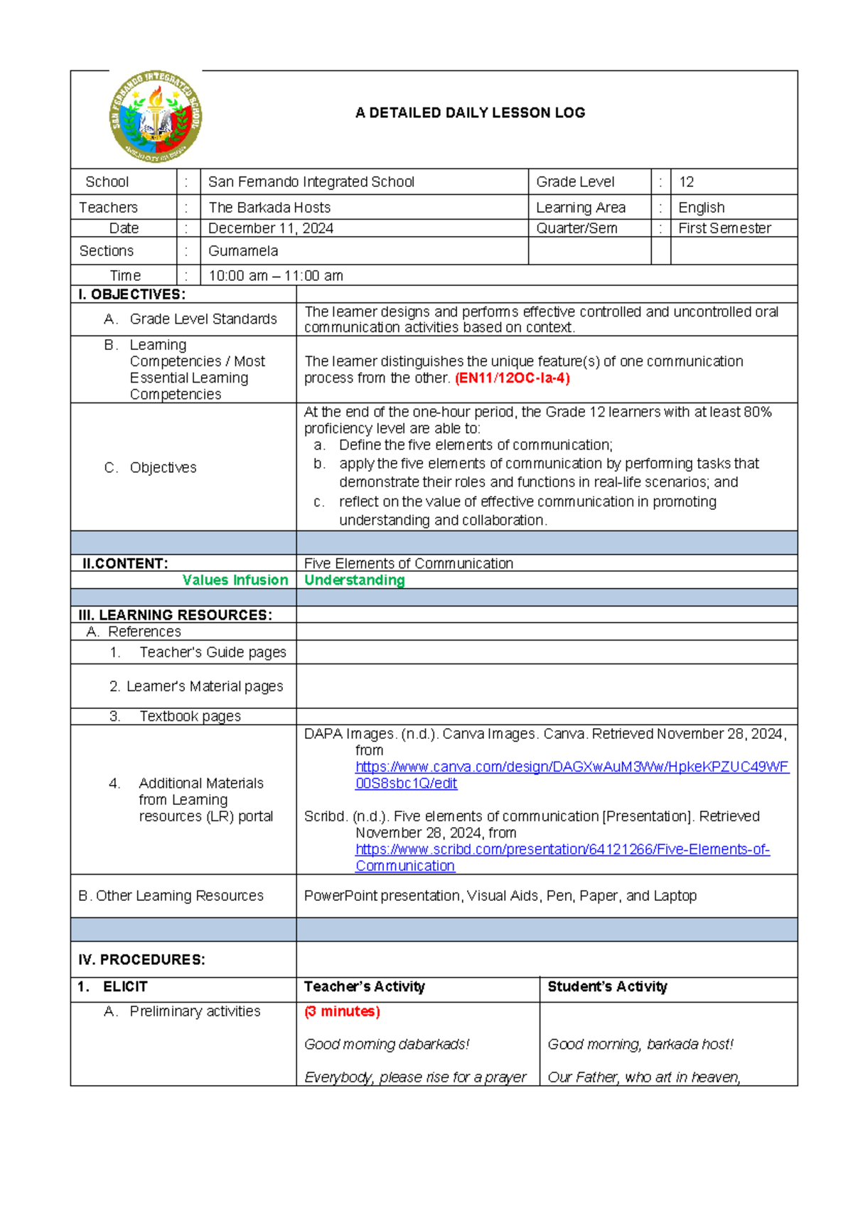 Draftddddddddddddddddd - A DETAILED DAILY LESSON LOG School : San ...