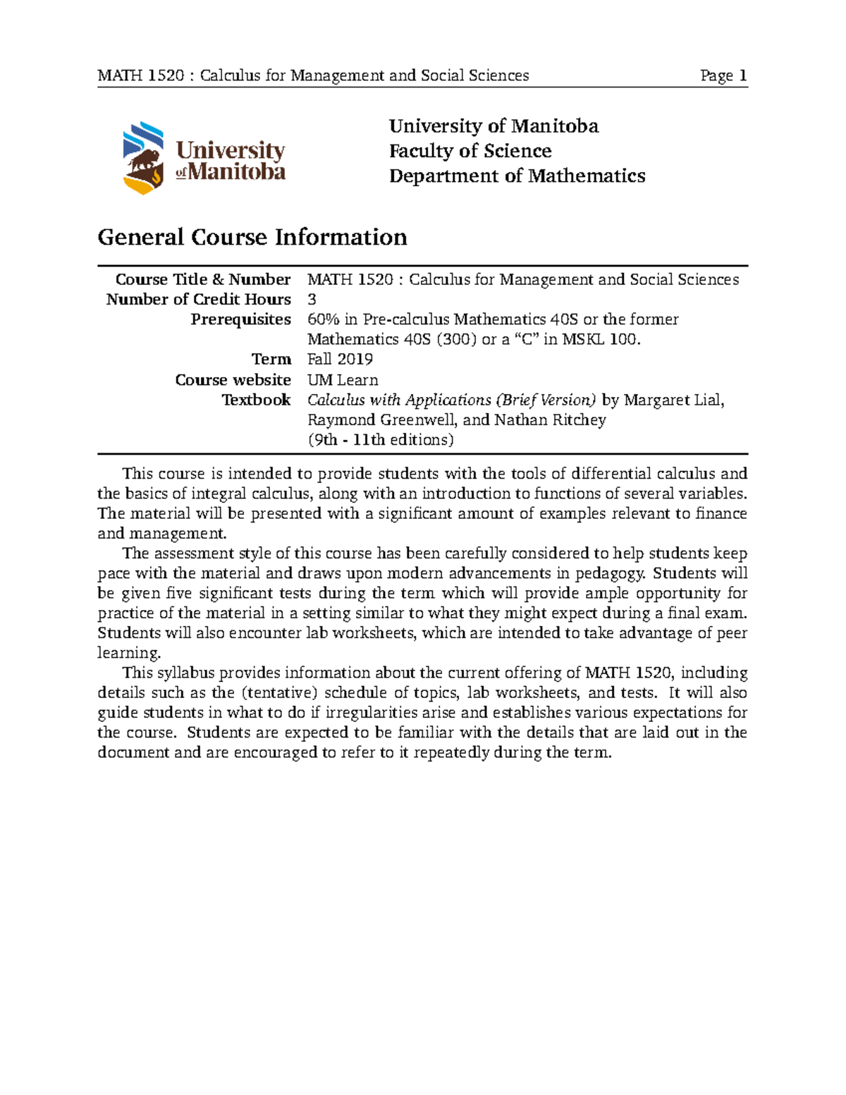 Calc Outline - University of Manitoba Faculty of Science Department of ...