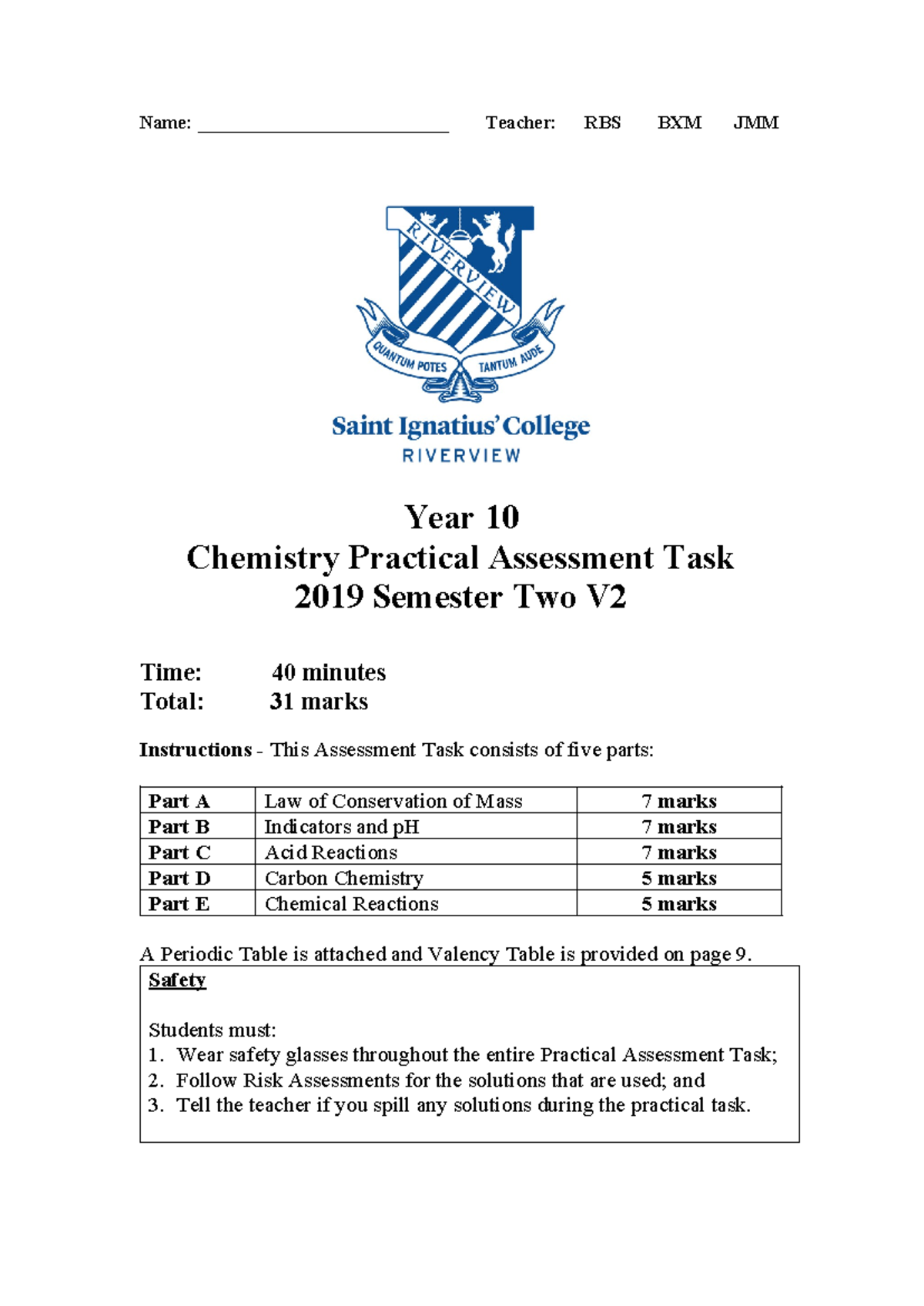 Yr 10 Prac Exam - egetaskh - Name: ___________________________ Teacher ...