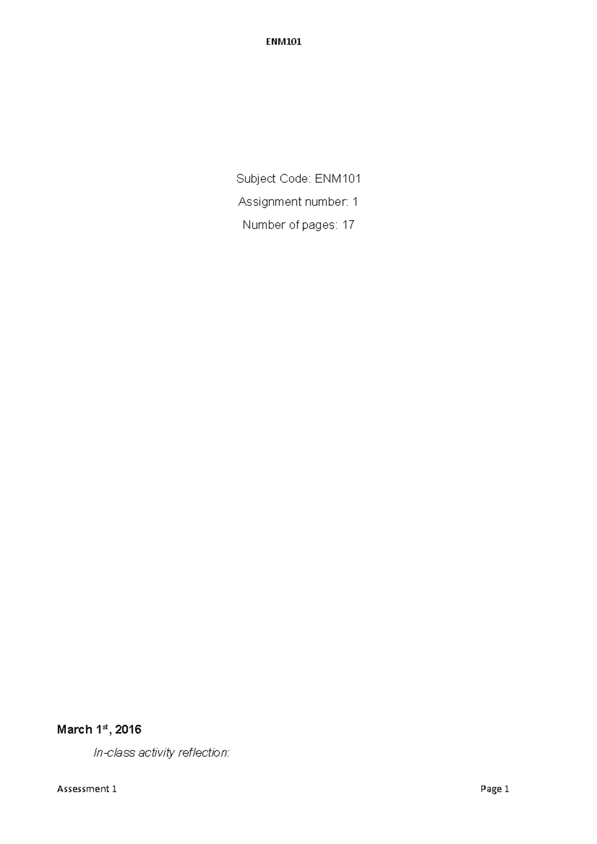 ENM101 - Assessment Item 1 - In-class activity reflection: Subject Code ...