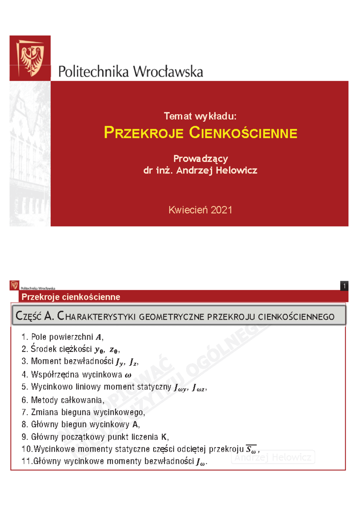 Przekroje cienkoscienne - Temat wykáadu: PRZEKROJE C IENKOĝCIENNE ...
