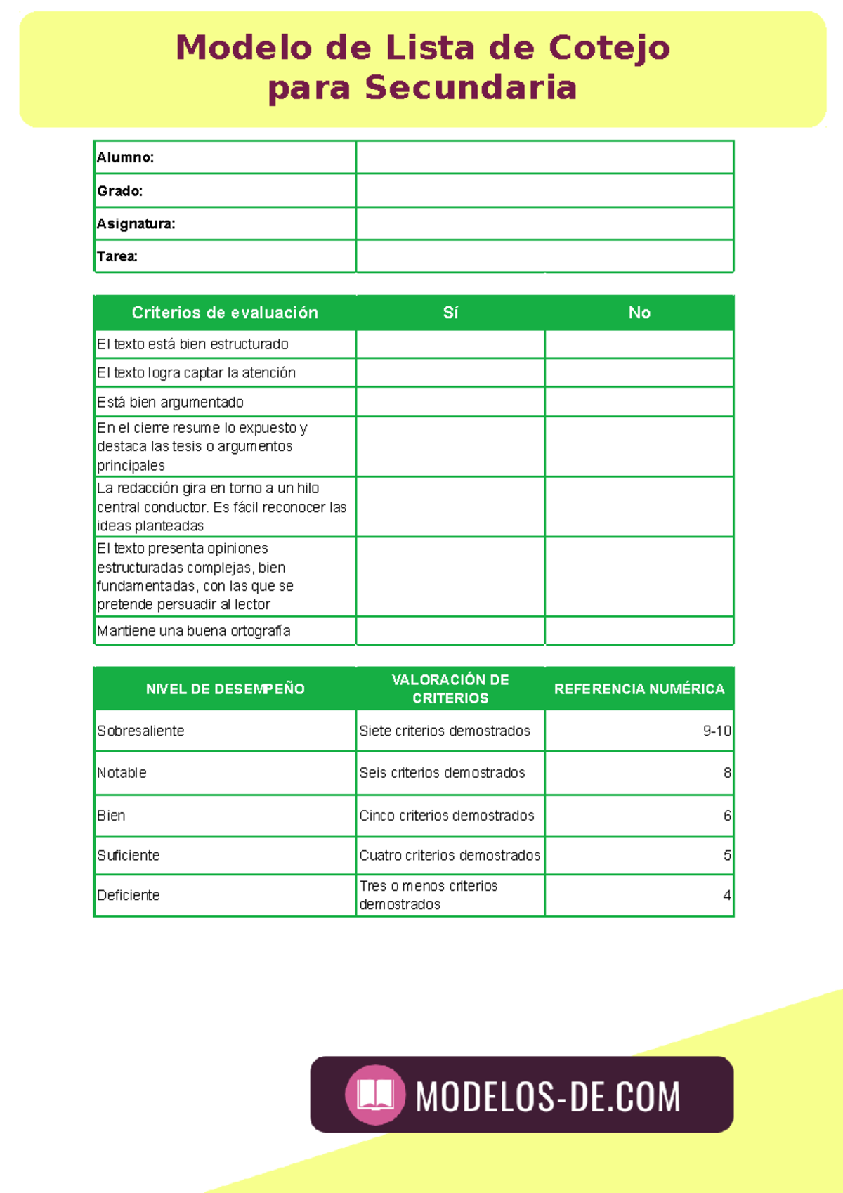 Modelo de Lista de cotejo para secundaria - Alumno: Grado: Asignatura: Tarea: Criterios de - Studocu