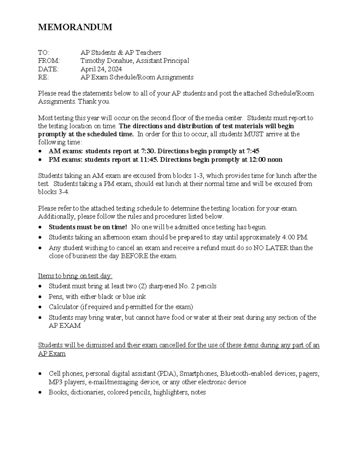 2024 AP Memo - School - MEMORANDUM TO: AP Students & AP Teachers FROM ...