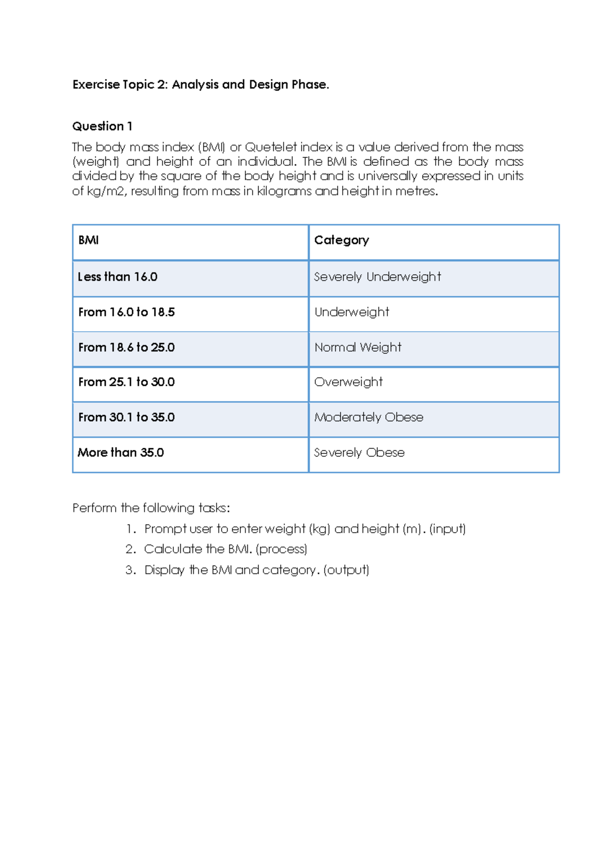 Exercise Topic 1 - Question 1 The body mass index (BMI) or Quetelet ...