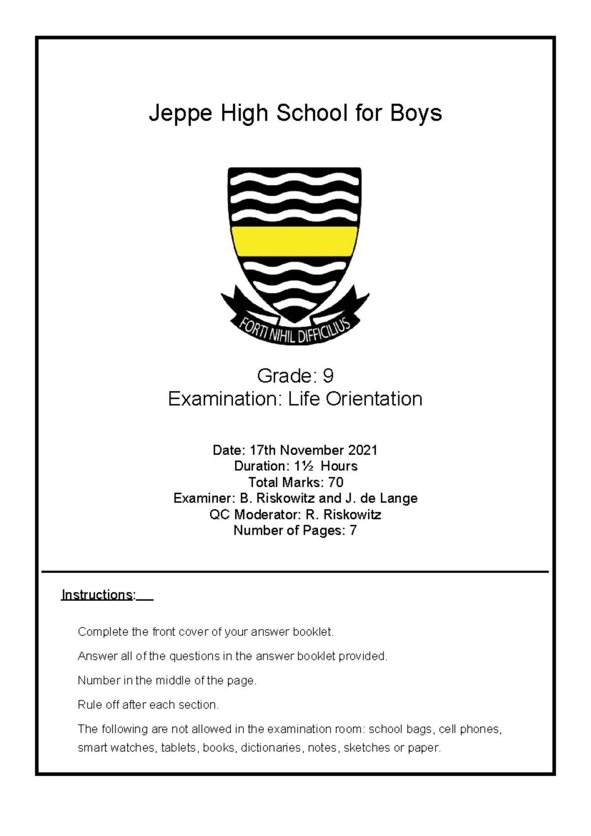 Gr 9 Final Exam 2021 - Jeppe High School for Boys Grade: 9 Examination ...