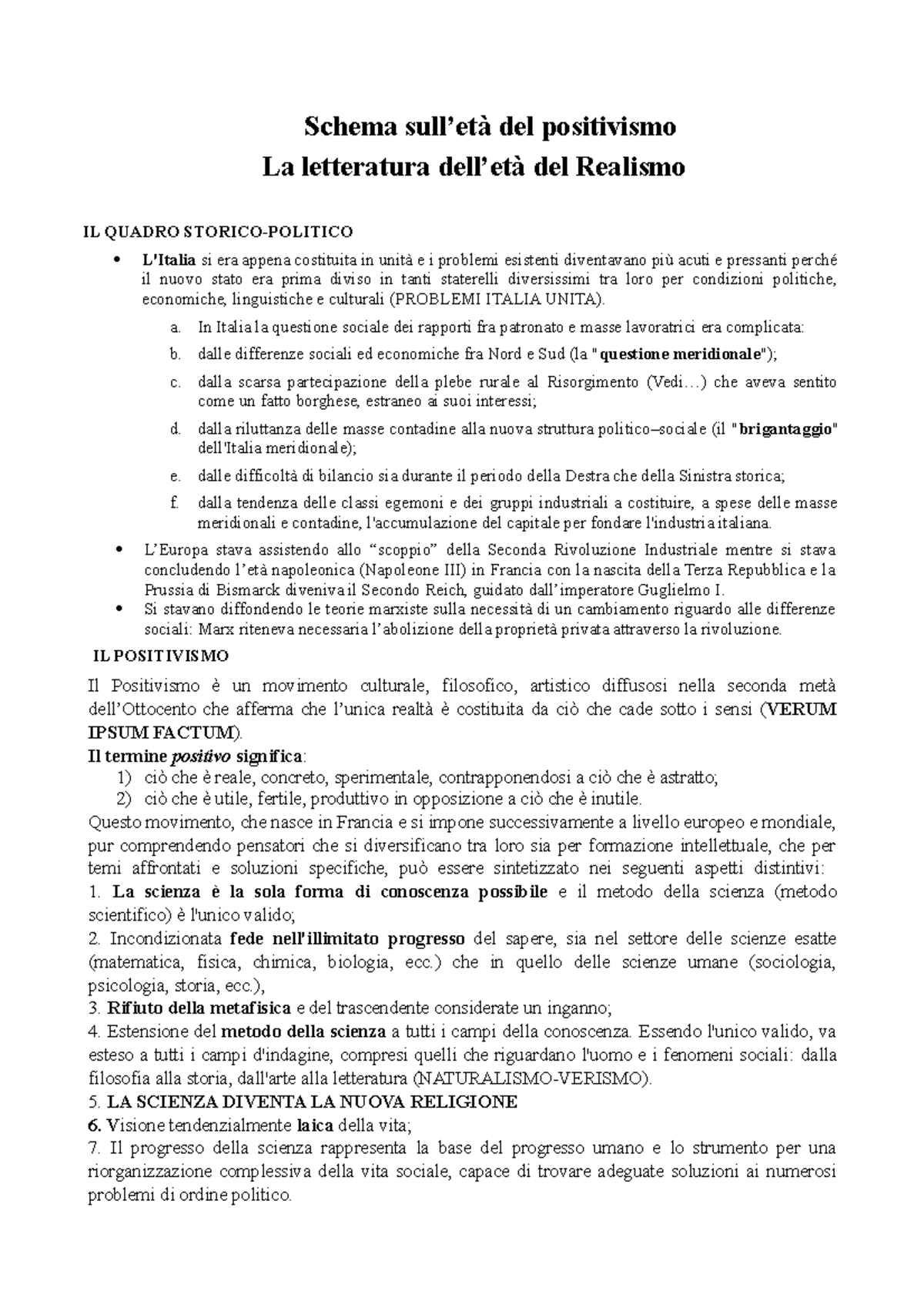 Verismo - Schema riassuntivo generale - Schema sull’età del positivismo ...