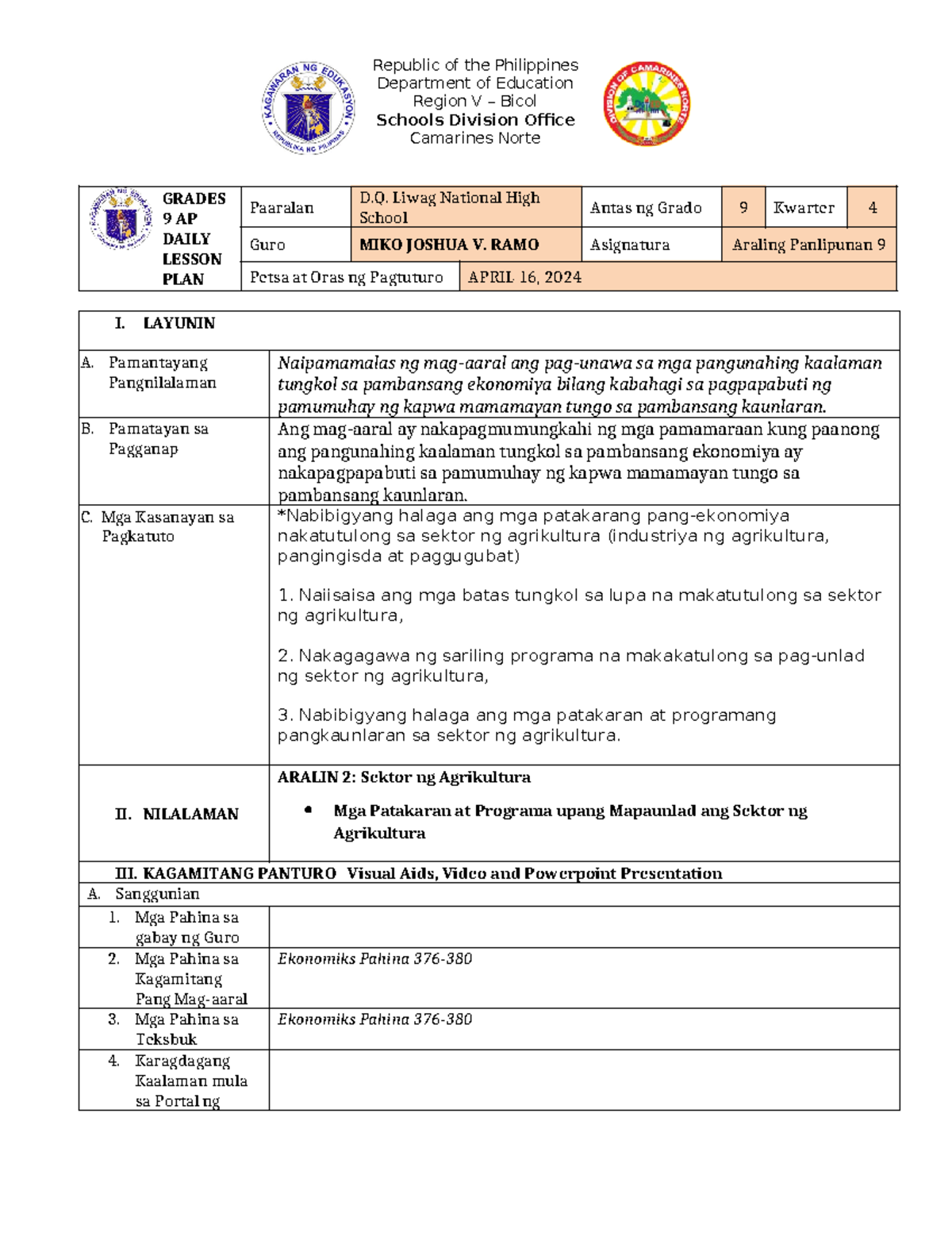 COT 3 Patakaran AT Programa - Republic of the Philippines Department of ...