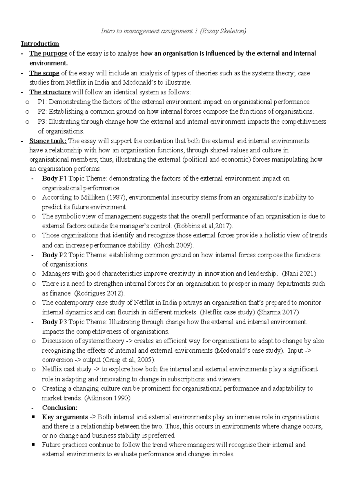 Skeleton essay - Intro to management assignment 1 (Essay Skeleton ...