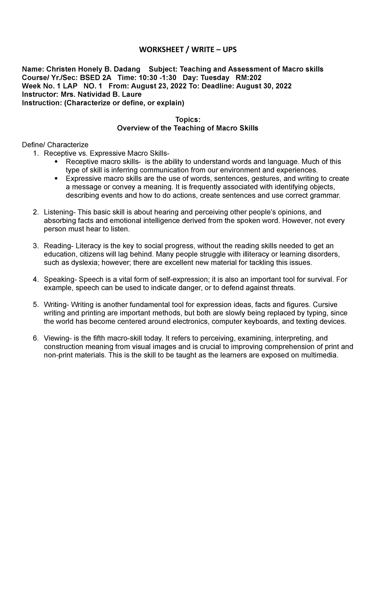 LAP 1 Taams - WOW NOTES - WORKSHEET / WRITE – UPS Name: Christen Honely ...