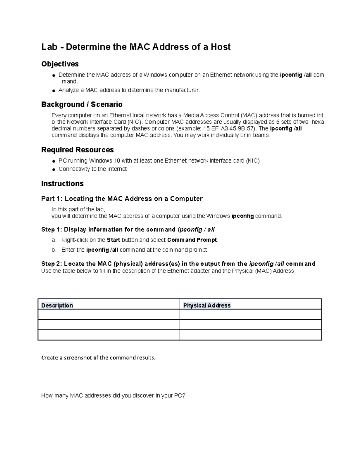 Lab - Determine the MAC Address of a Host - Lab - Determine the MAC Address of a Host Objectives ...