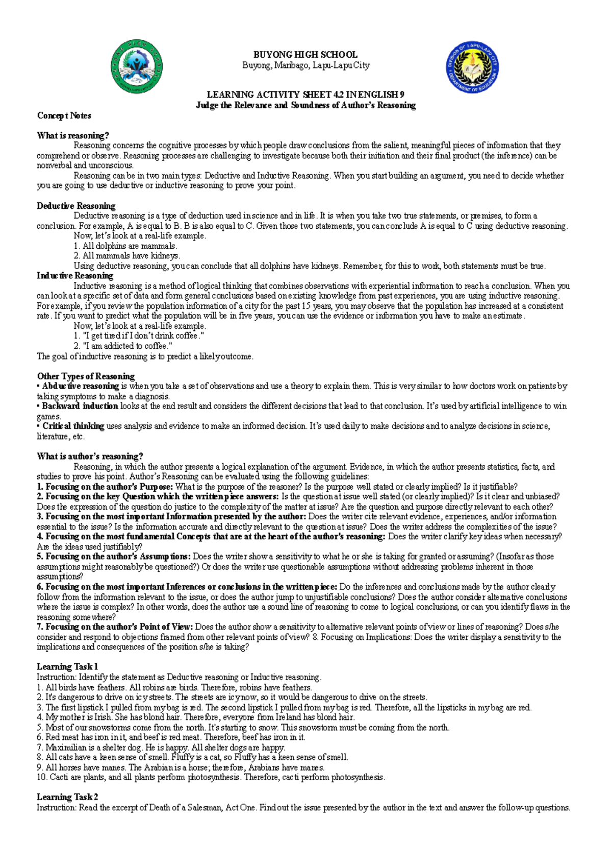 Grade 9 Quarter 4 Module 2 - BUYONG HIGH SCHOOL Buyong, Maribago, Lapu ...