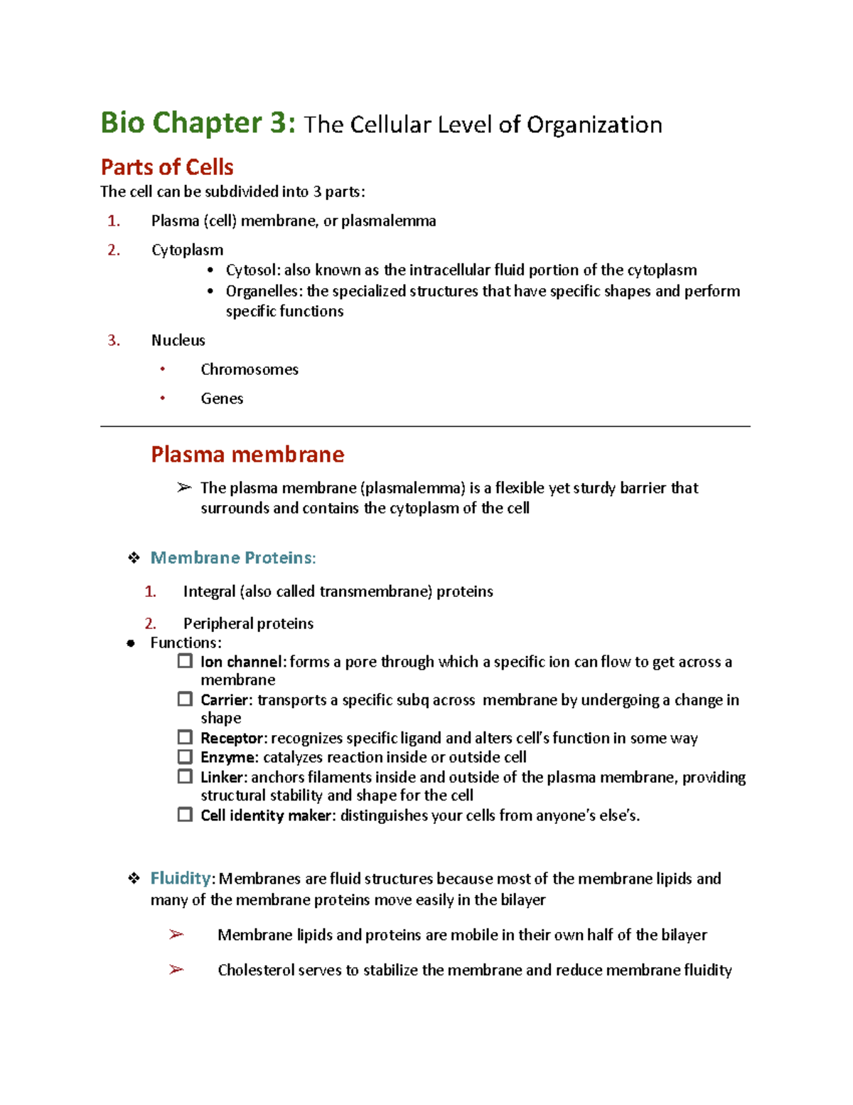 Bio Chap 3 Review - Bio Chapter 3: The Cellular Level of Organization ...
