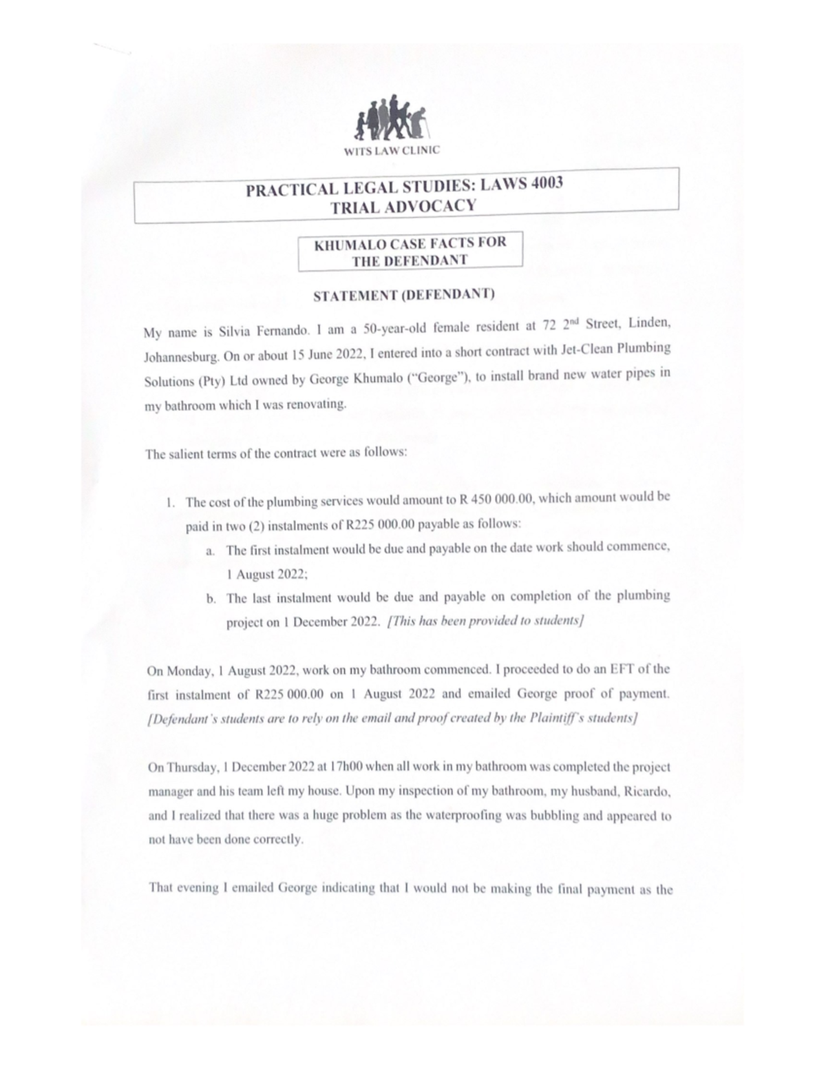 WITS LAW Clinic 3 - Facts and summary of trial advocacy case. - Studocu