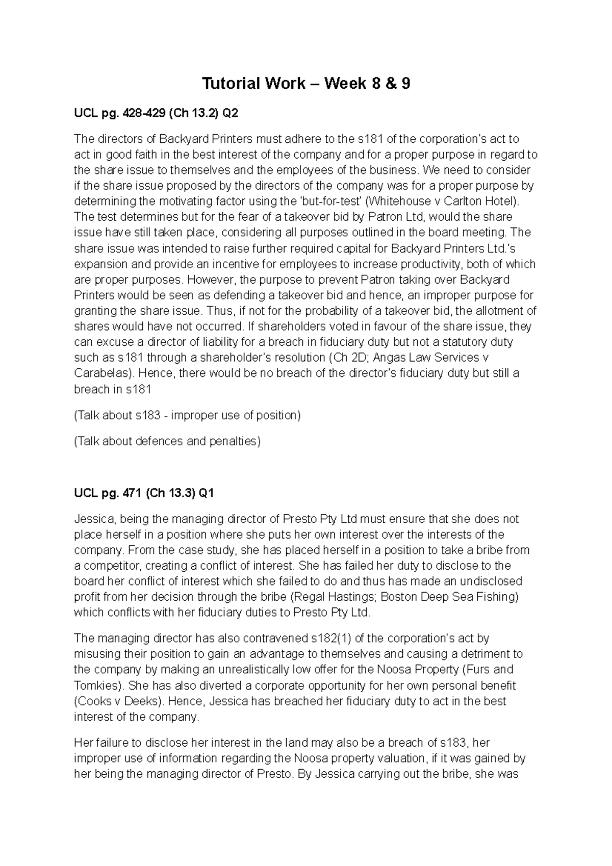 Tutorial Work - Week 8 + 9 - Tutorial Work – Week 8 & 9 UCL pg. 428-429 ...