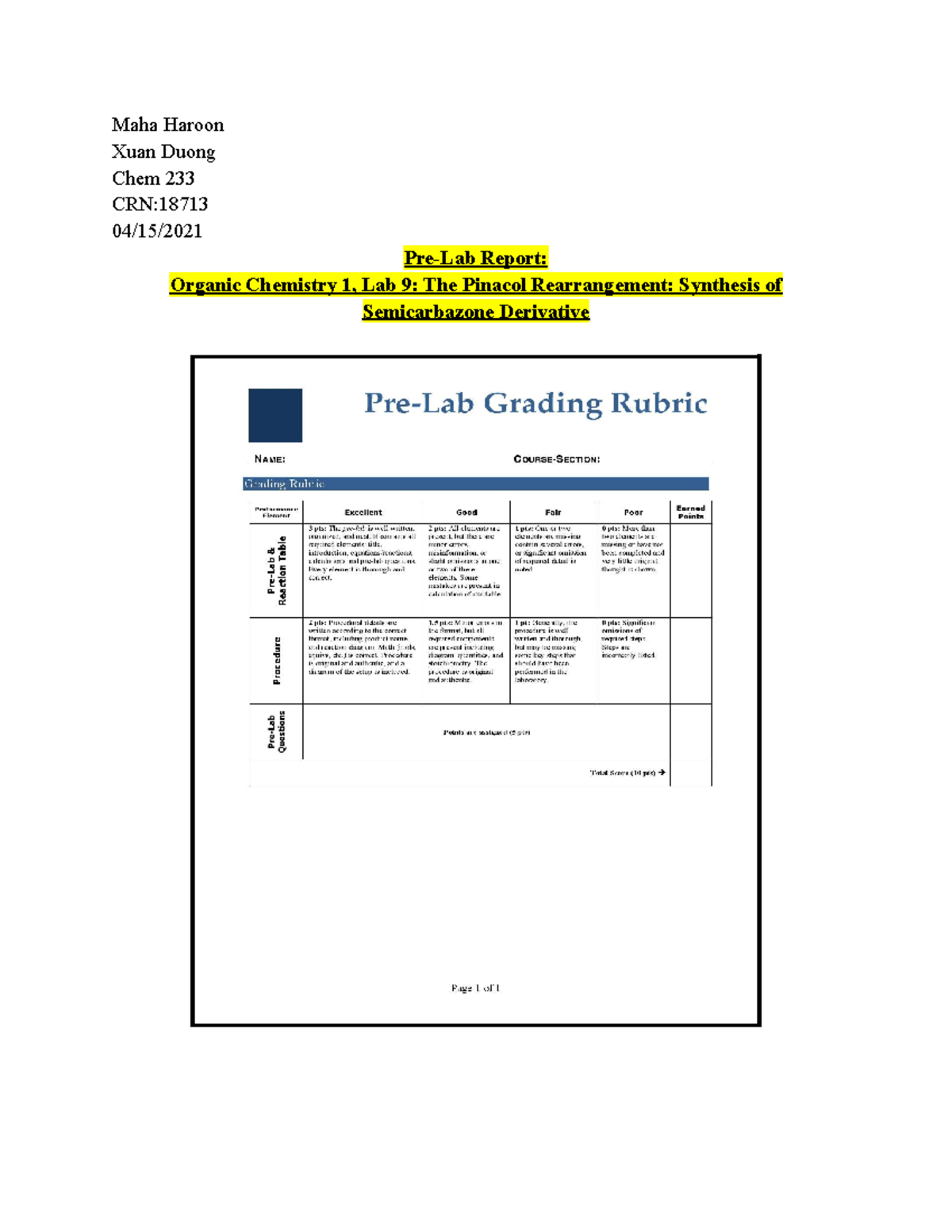 Orgo Pre-Lab 9 - Orgo- Lab report - Maha Haroon Xuan Duong Chem 233 CRN ...