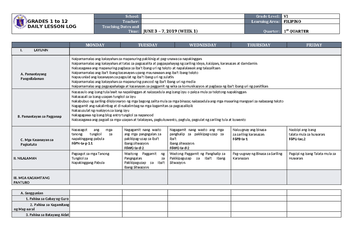 DLL Filipino 6 Q1 W1 - GRADES 1 to 12 DAILY LESSON LOG School: Grade ...