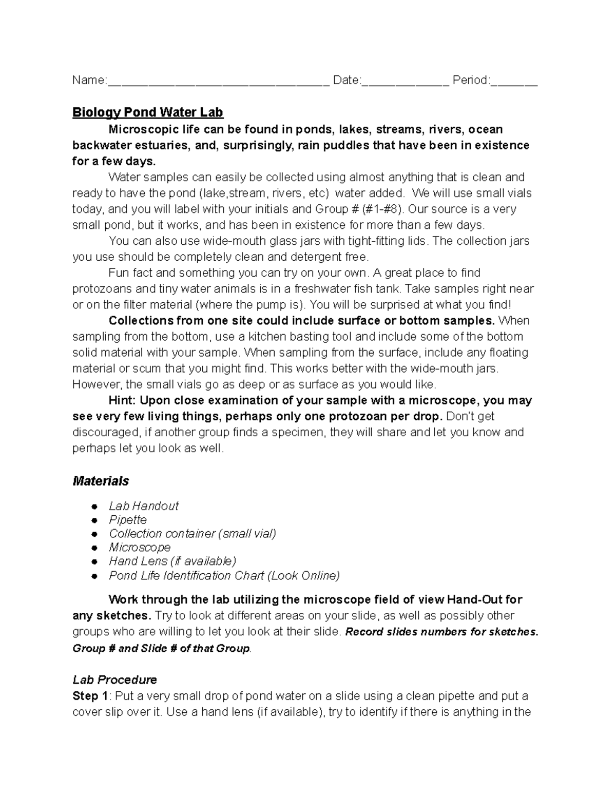 Biology - Pond Water Lab - Name:_________________________________ Date ...