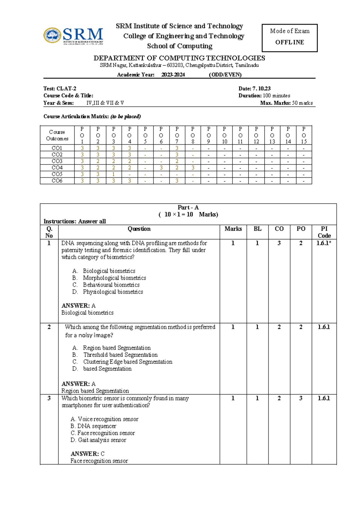 Ct2 Qp 4 Answer Key Ct2 Qp 4 Srm Institute Of Science And Technology College Of Engineering