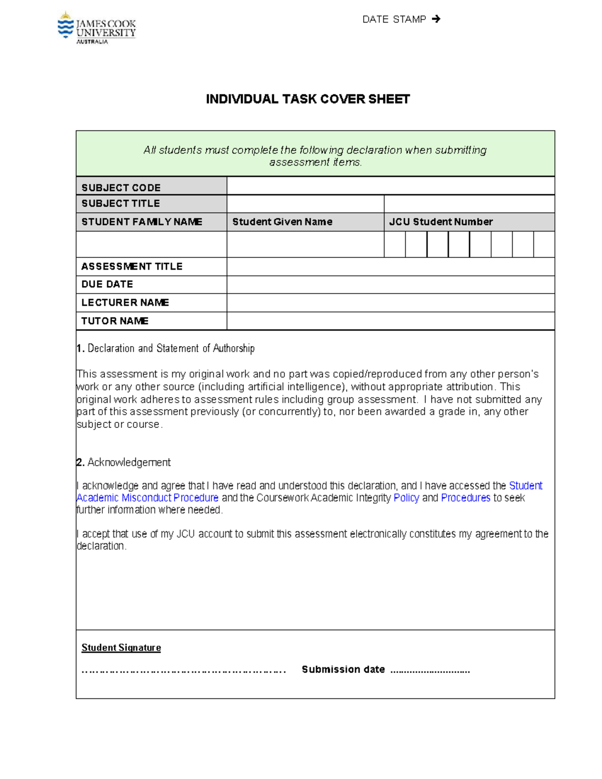 Cover Sheet - DATE STAMP INDIVIDUAL TASK COVER SHEET All students must ...