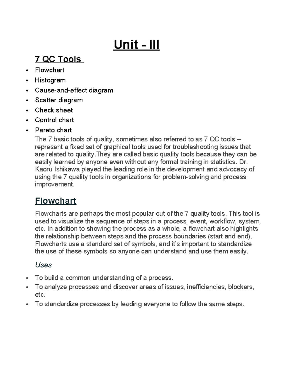Unit3 - Unit - III 7 QC Tools Flowchart Histogram Cause-and-effect ...