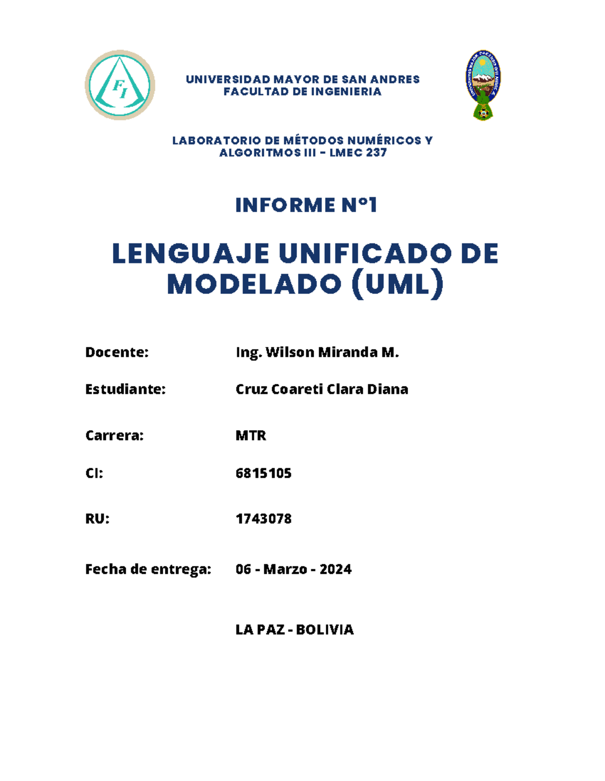 Informe N°1_LENGUAJE DE MODELADO UNIFICADO (UML) - Aldenaire INFORME N° LENGUAJE UNIFICADO DE ...