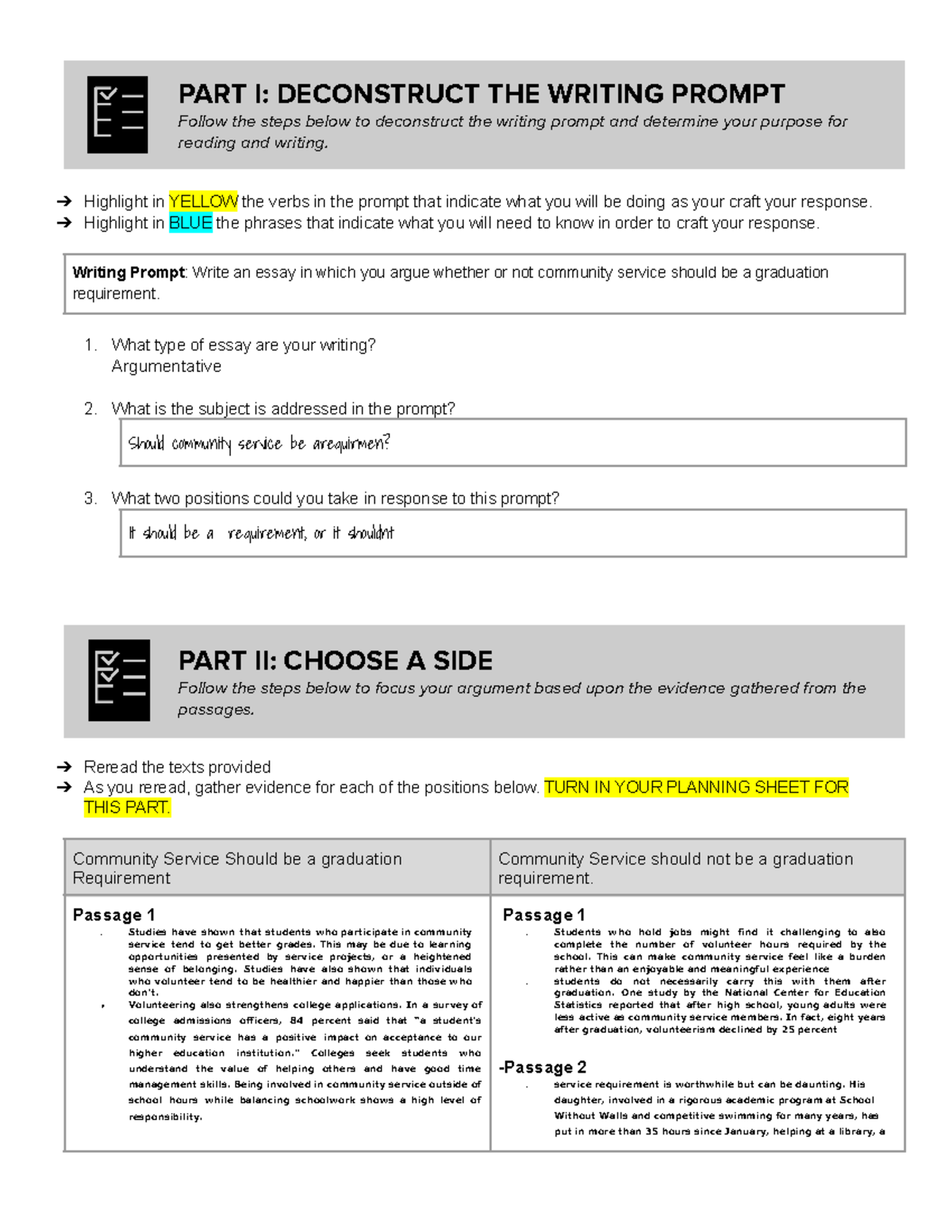 Graphic Organizer Student Copy - PART I: DECONSTRUCT THE WRITING PROMPT ...