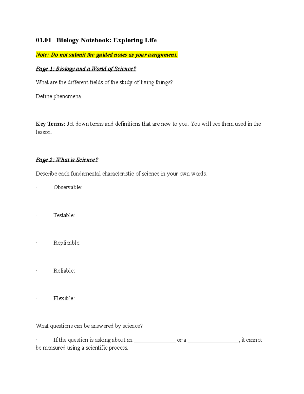 Copy of 1 01 Guided Notes-V23 - 01 Biology Notebook: Exploring Life ...