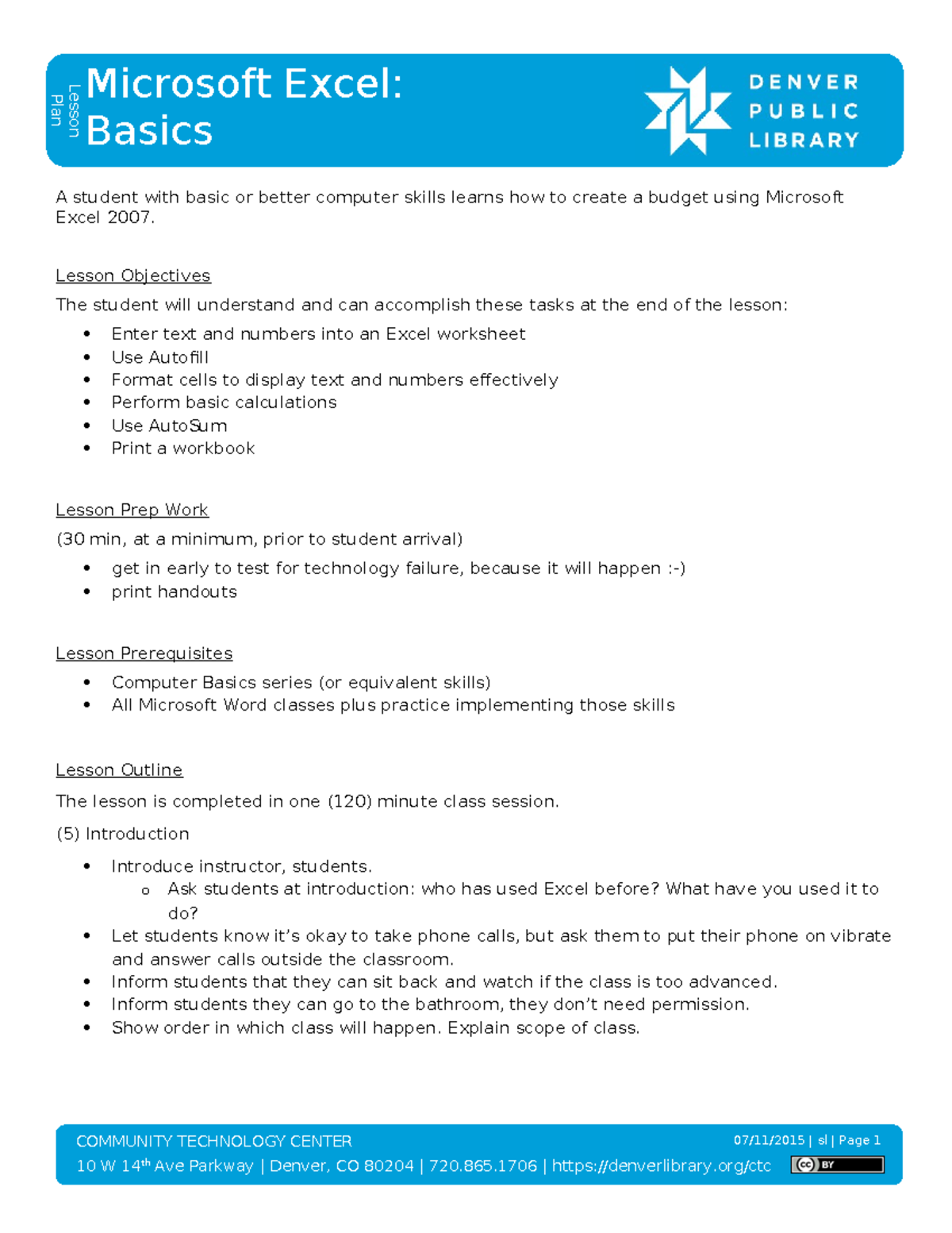 Microsoft Excel - Basics Lesson Plan - COMMUNITY TECHNOLOGY CENTER 07 ...
