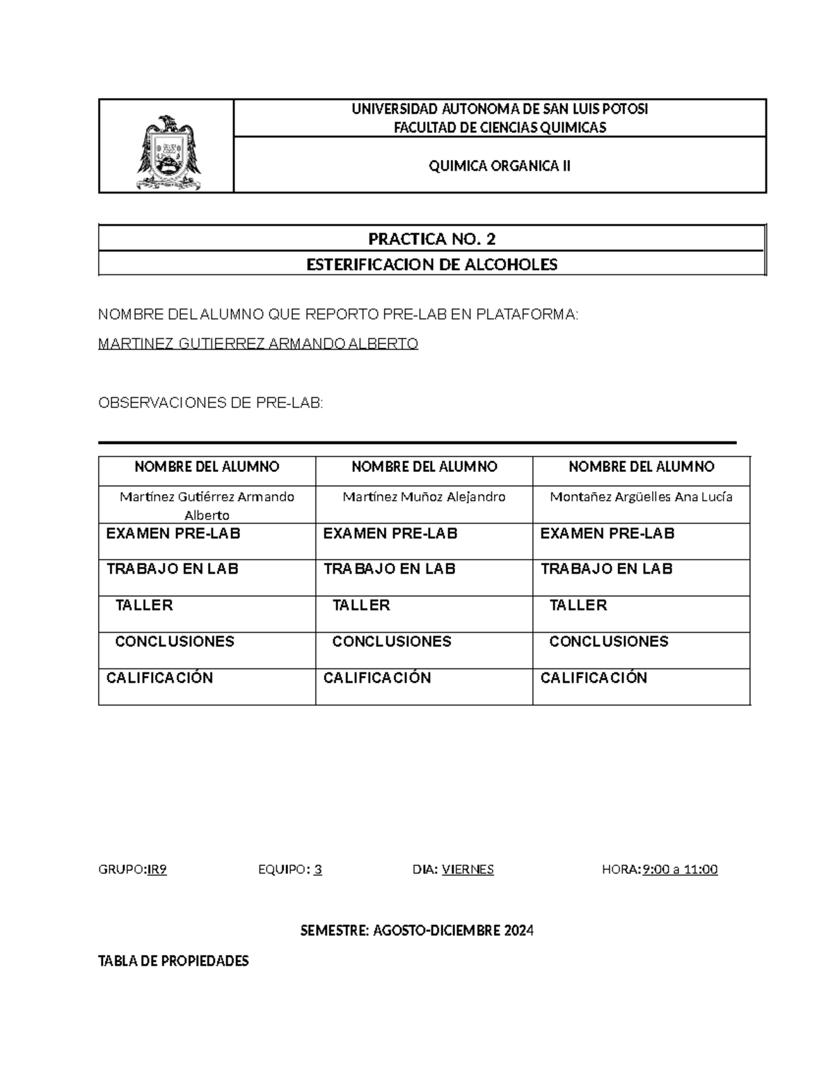 Practica 2 QO2 - PRE DE FISICOQUIMICA - UNIVERSIDAD AUTONOMA DE SAN ...