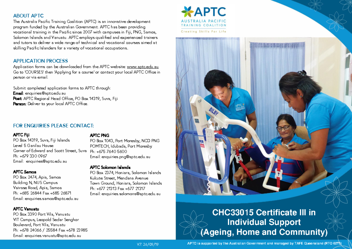 Chc33015 certificate iii in individual support ageing home and community - ABOUT APTC The ...