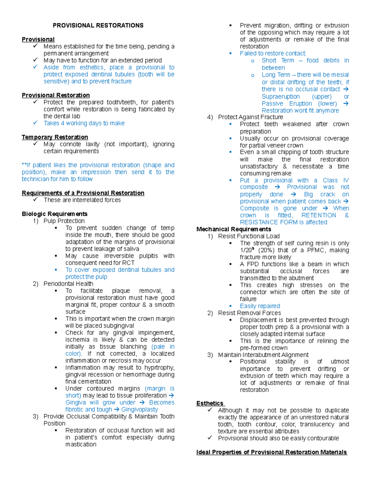 Prostho-M1 - FPD notes - PROVISIONAL RESTORATIONS Provisional Means ...